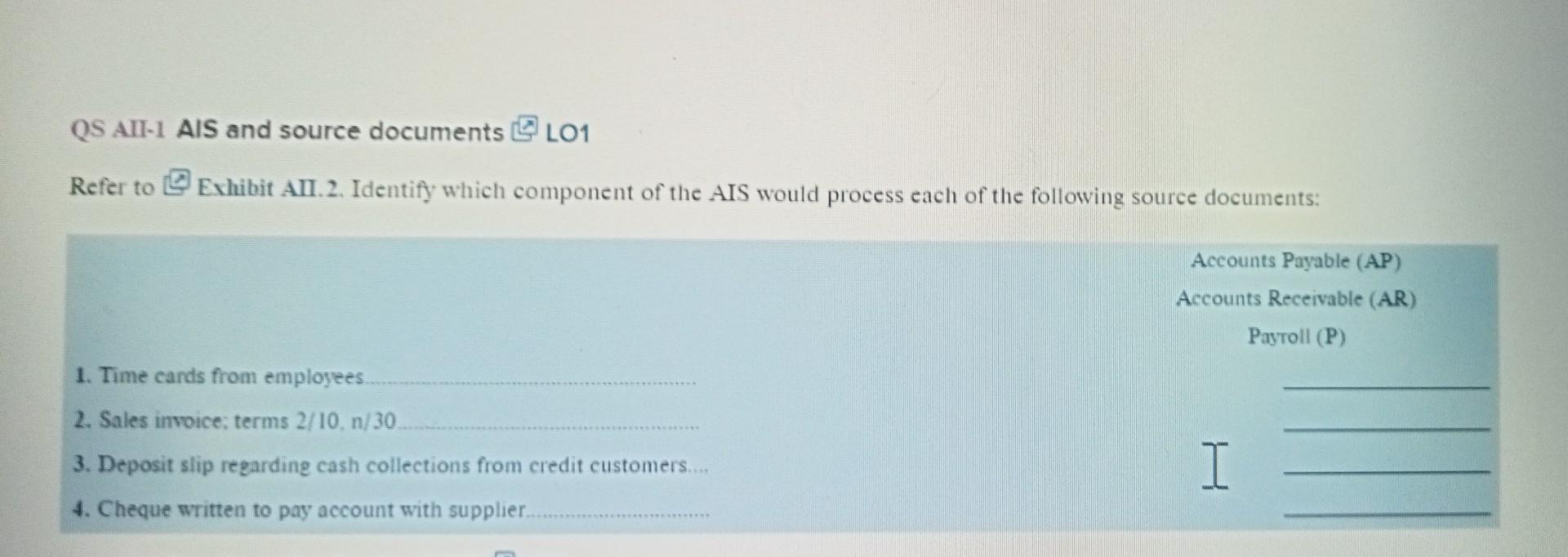 Solved QS AII-1 AIS and source documents [ LO1 Refer to 종 | Chegg.com