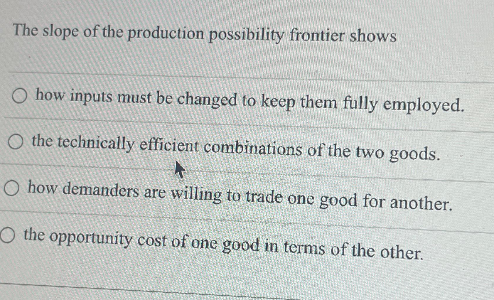 Solved The slope of the production possibility frontier | Chegg.com