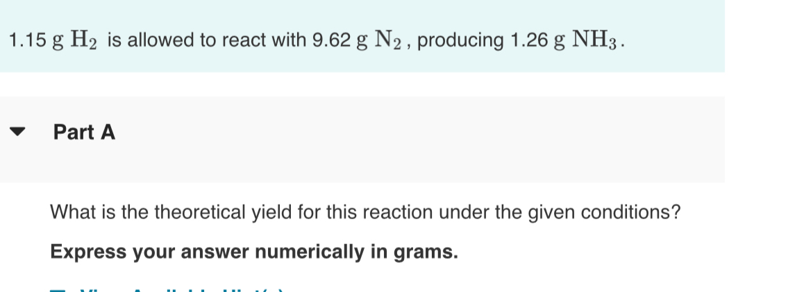 Solved 1.15gH2 ﻿is allowed to react with 9.62gN2, ﻿producing | Chegg.com
