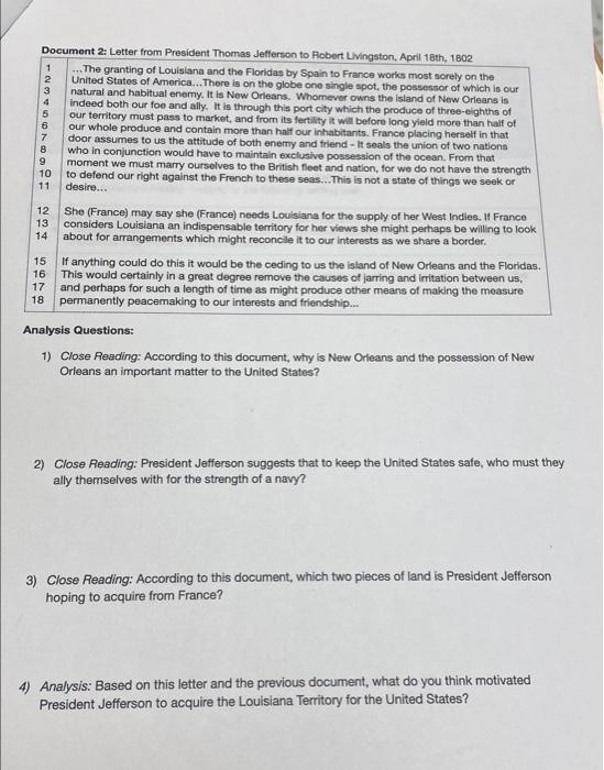 Solved Document 2: Letter from President Thomas Jefferson to | Chegg.com