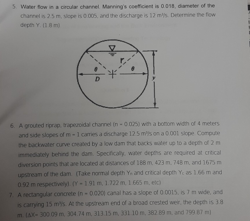 Solved 5. Water flow in a circular channel. Manning's | Chegg.com