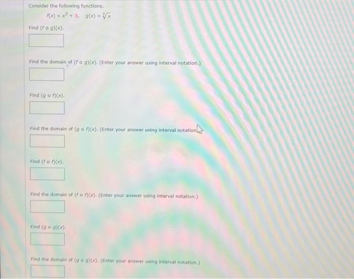 Solved Consider the following functions. f(x)=x3+3,g(x)=3x | Chegg.com
