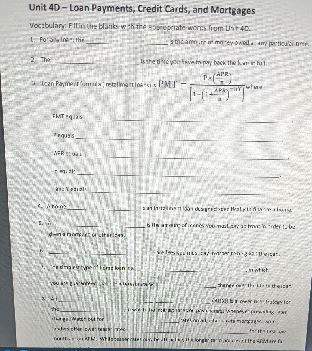 Solved Unit 4D - Loan Payments, Credit Cards, and Mortgages | Chegg.com