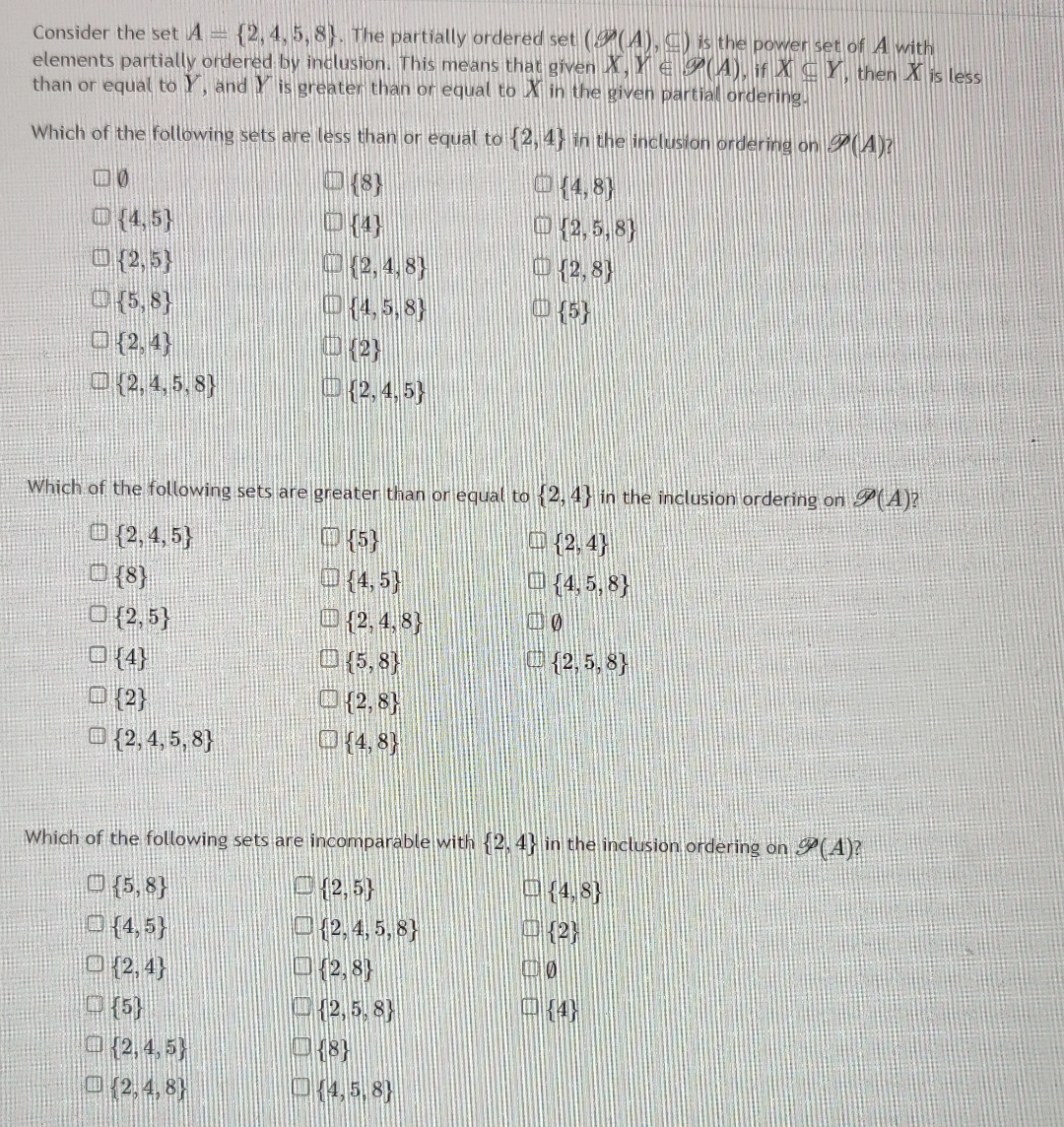 Solved Consider the set A={2,4,5,8}. ﻿The partially ordered | Chegg.com