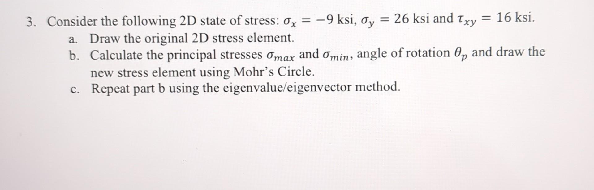 Solved 3. Consider the following 2D state of stress: | Chegg.com