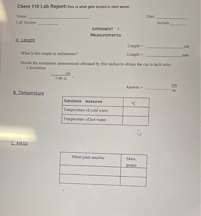 Solved PROCEDURE A Length 1. Obtain a Metric-English ruler | Chegg.com