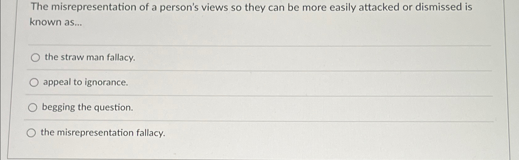Solved The misrepresentation of a person's views so they can | Chegg.com