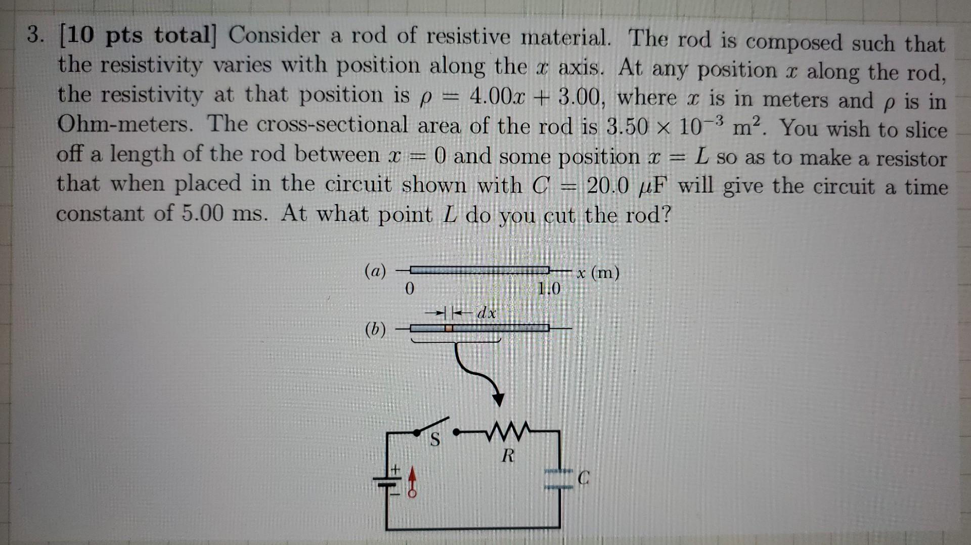 Solved 3. [10 pts total ] Consider a rod of resistive | Chegg.com