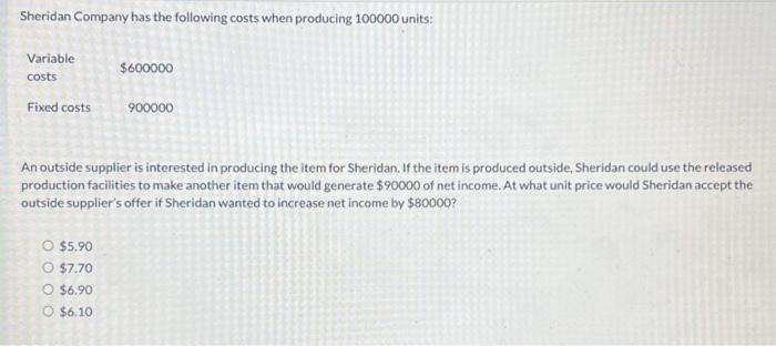 Solved Sheridan Company has the following costs when | Chegg.com