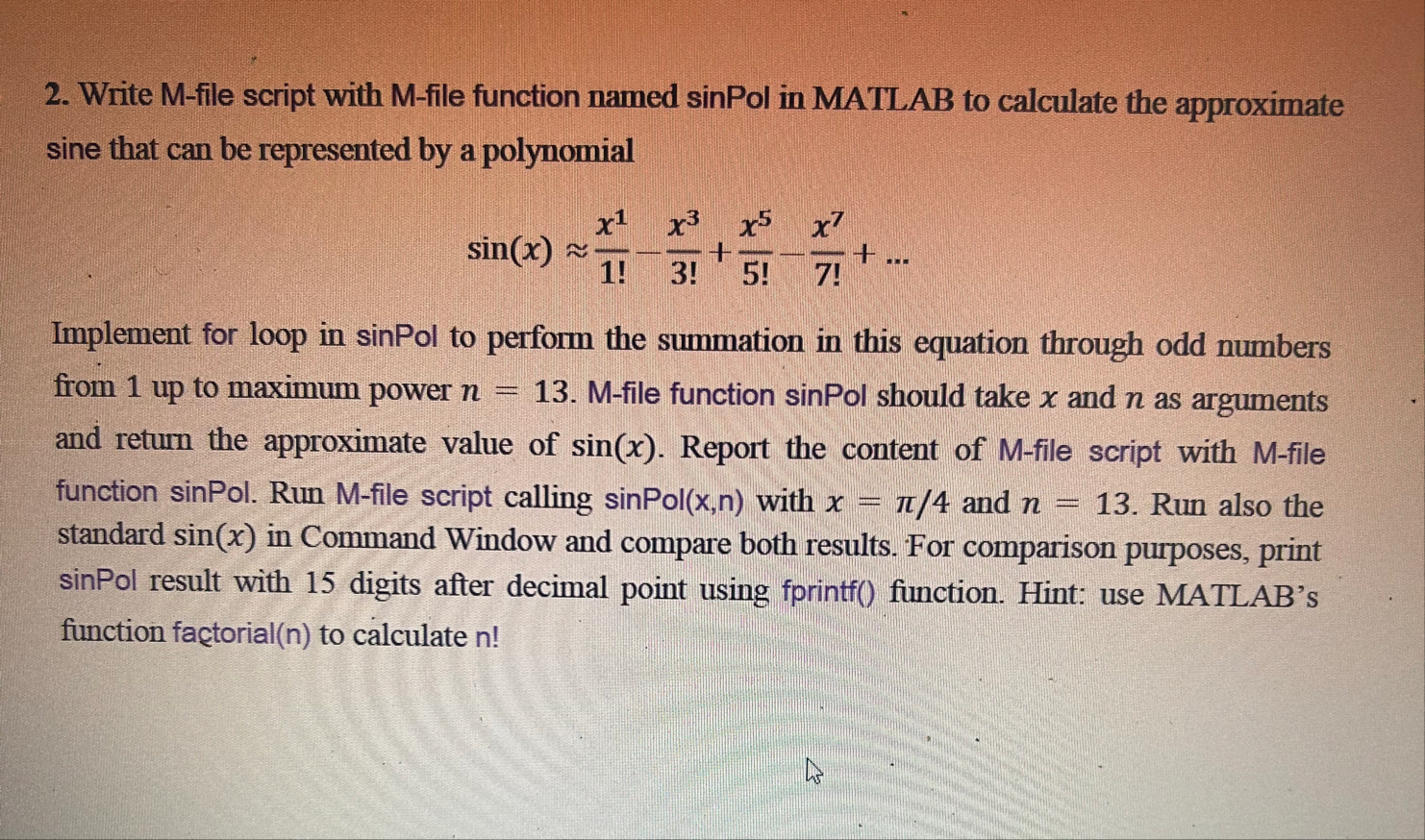 Solved Write M File Script With M File Function Named Sinpol