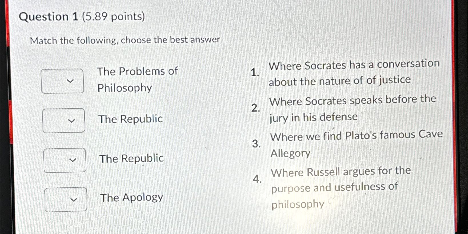 Solved Question 1 (5.89 ﻿points)Match the following, choose | Chegg.com