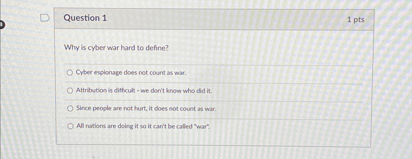 Solved Question 11ptsWhy is cyber war hard to define?Cyber | Chegg.com