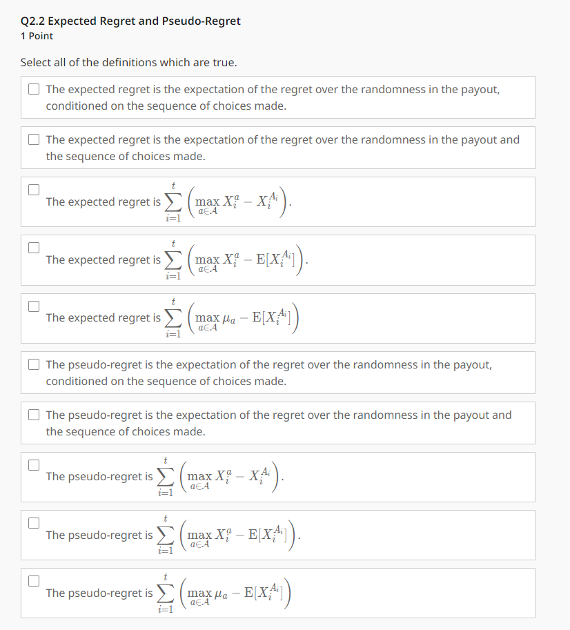 Solved Q2.2 ﻿Expected Regret and Pseudo-Regret1 ﻿PointSelect | Chegg.com