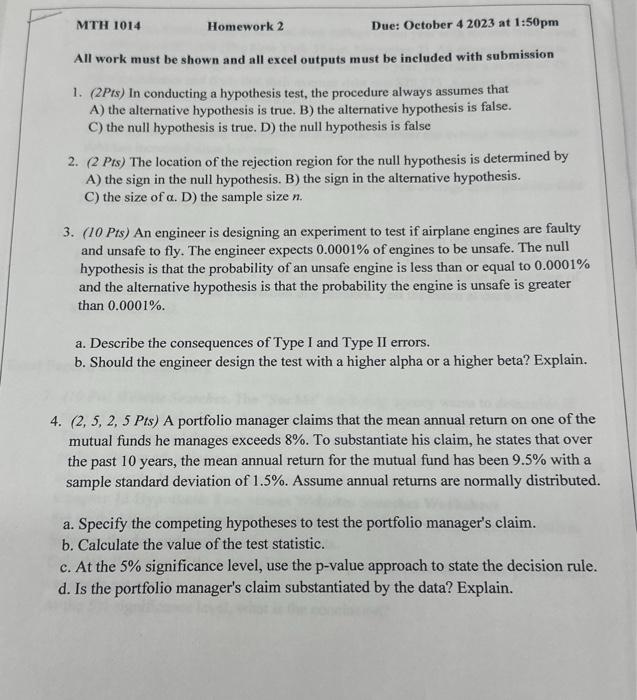 Solved All work must be shown and all excel outputs must be | Chegg.com