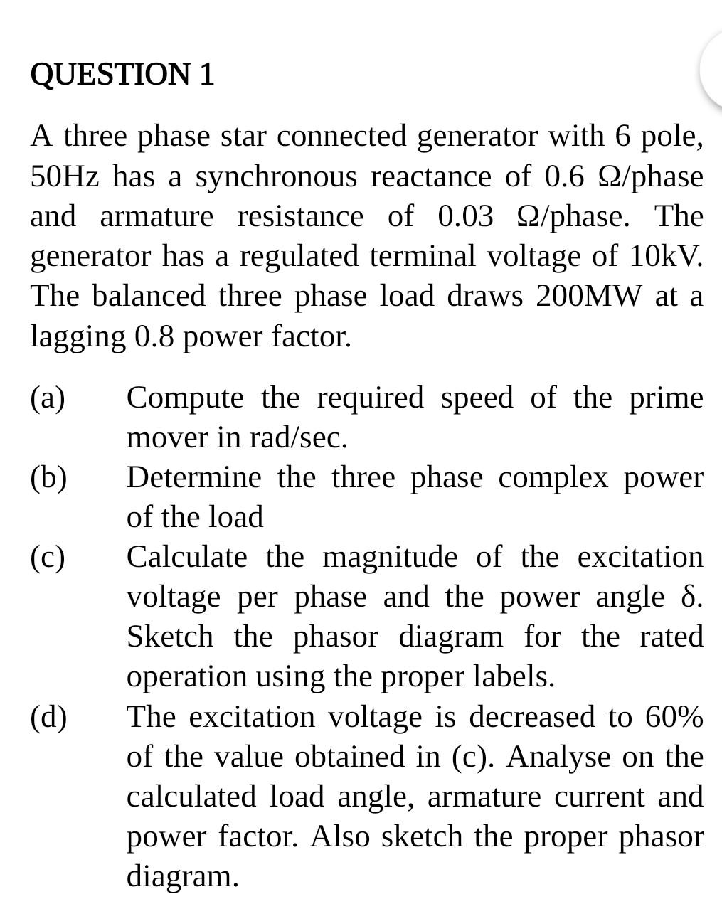 Solved QUESTION 1 A three phase star connected generator | Chegg.com