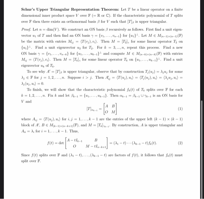 Solved Proofs: 1. Read the proof of Schur's Upper Triangular | Chegg.com