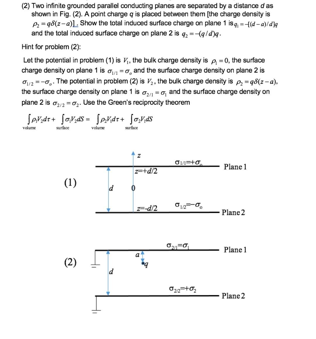 Solved (2) Two infinite grounded parallel conducting planes | Chegg.com