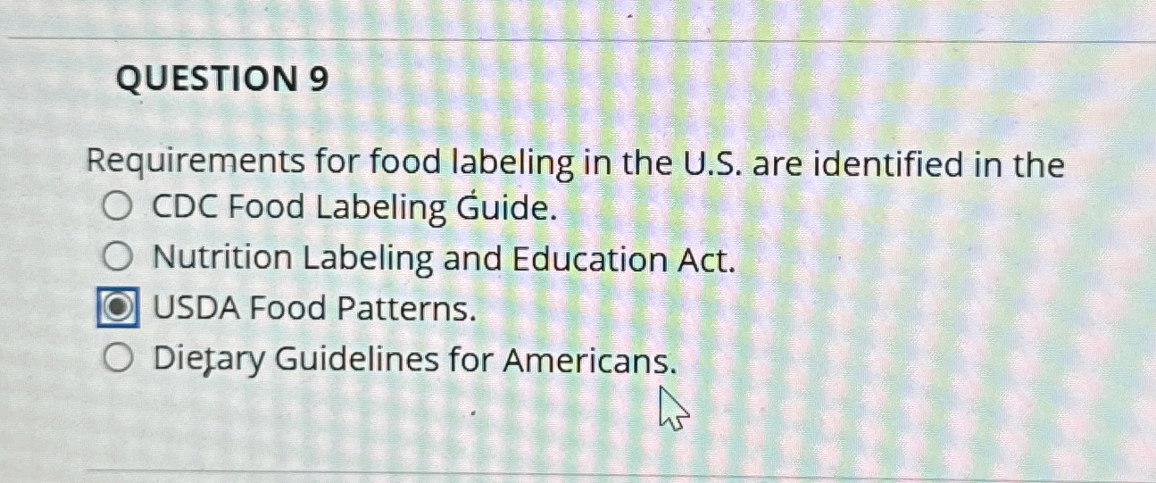 Solved QUESTION 9Requirements for food labeling in the U.S. | Chegg.com