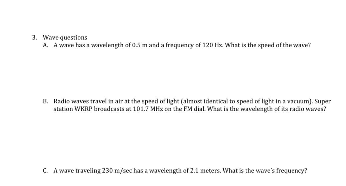 Solved Wave questionsA. ﻿A wave has a wavelength of 0.5 ﻿m | Chegg.com