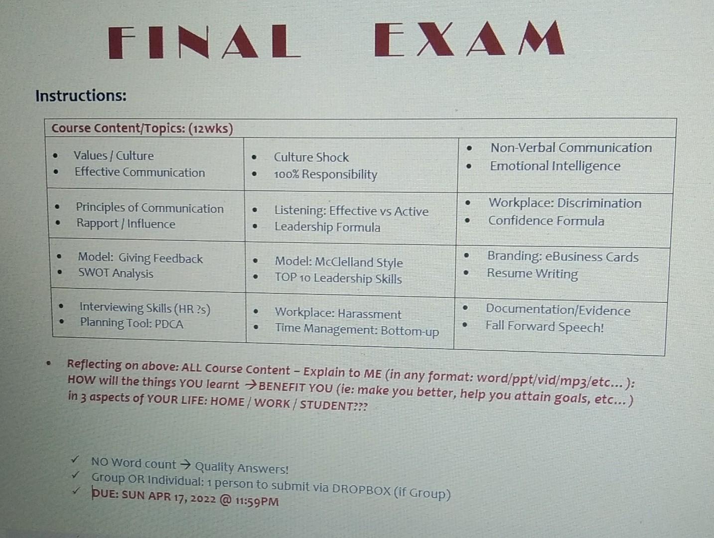 FINAL EXAM Instructions: Course Content/Topics: | Chegg.com
