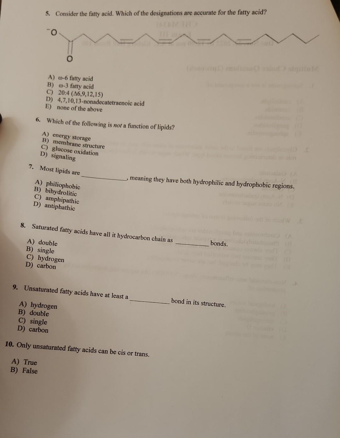 Solved 5. Consider the fatty acid. Which of the designations | Chegg.com