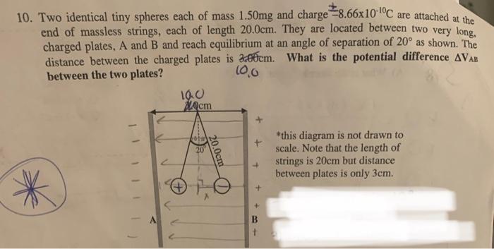 Solved 10. Two identical tiny spheres each of mass 1.50mg | Chegg.com
