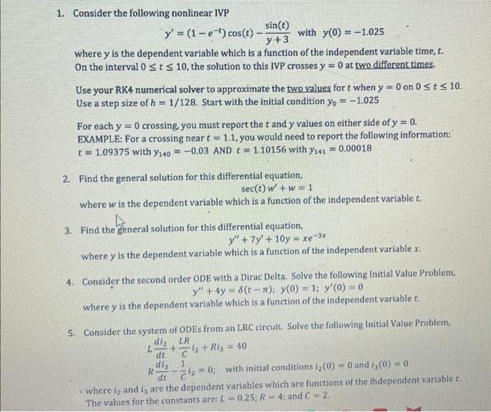 Solved 1. Consider the following nonlinear IVP | Chegg.com