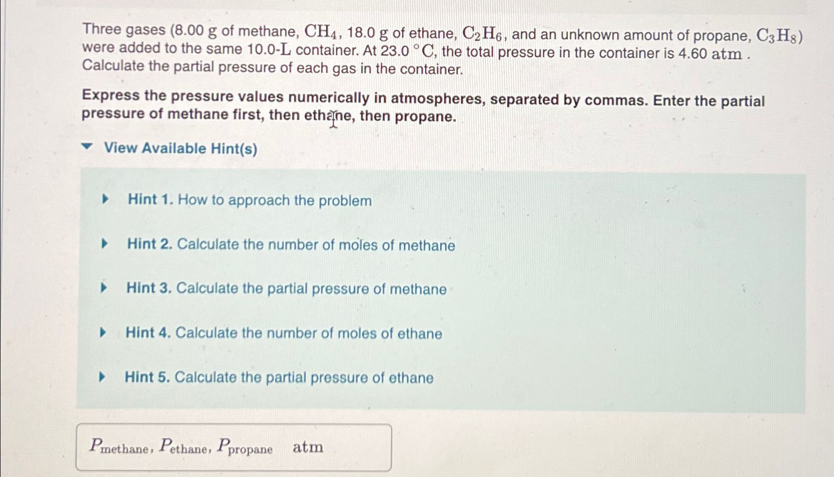 Solved Three gases ( 8.00g of methane, CH_(4),18.0g of | Chegg.com