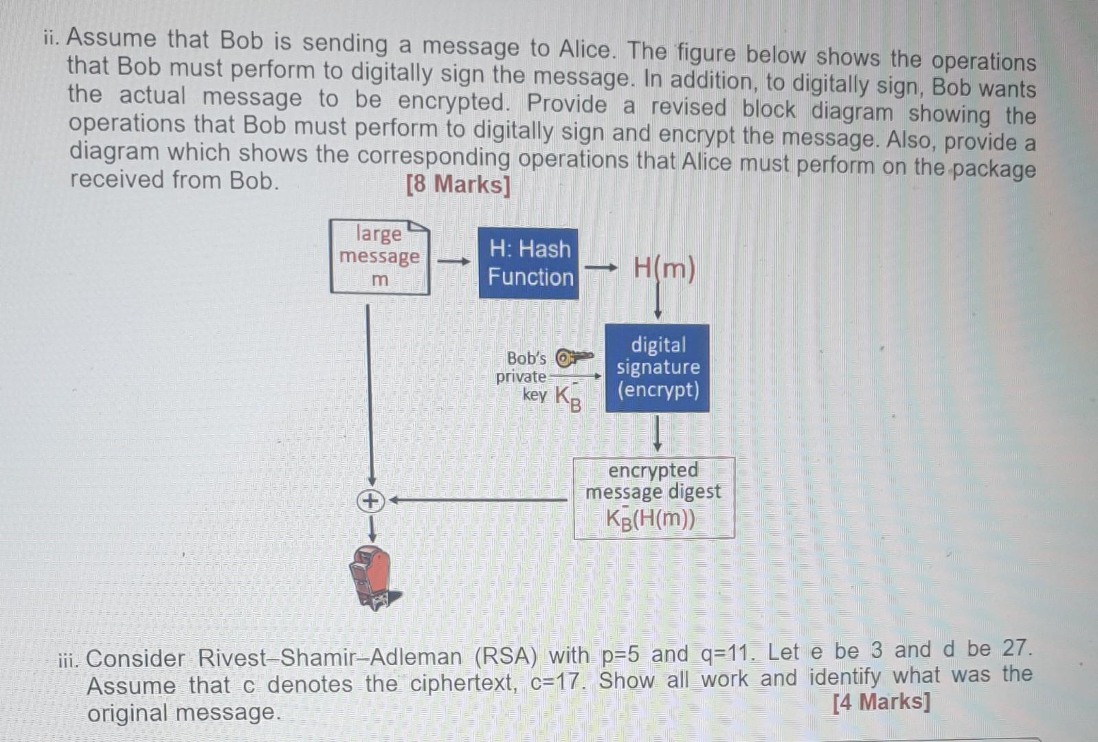 Solved ii. Assume that Bob is sending a message to Alice. | Chegg.com