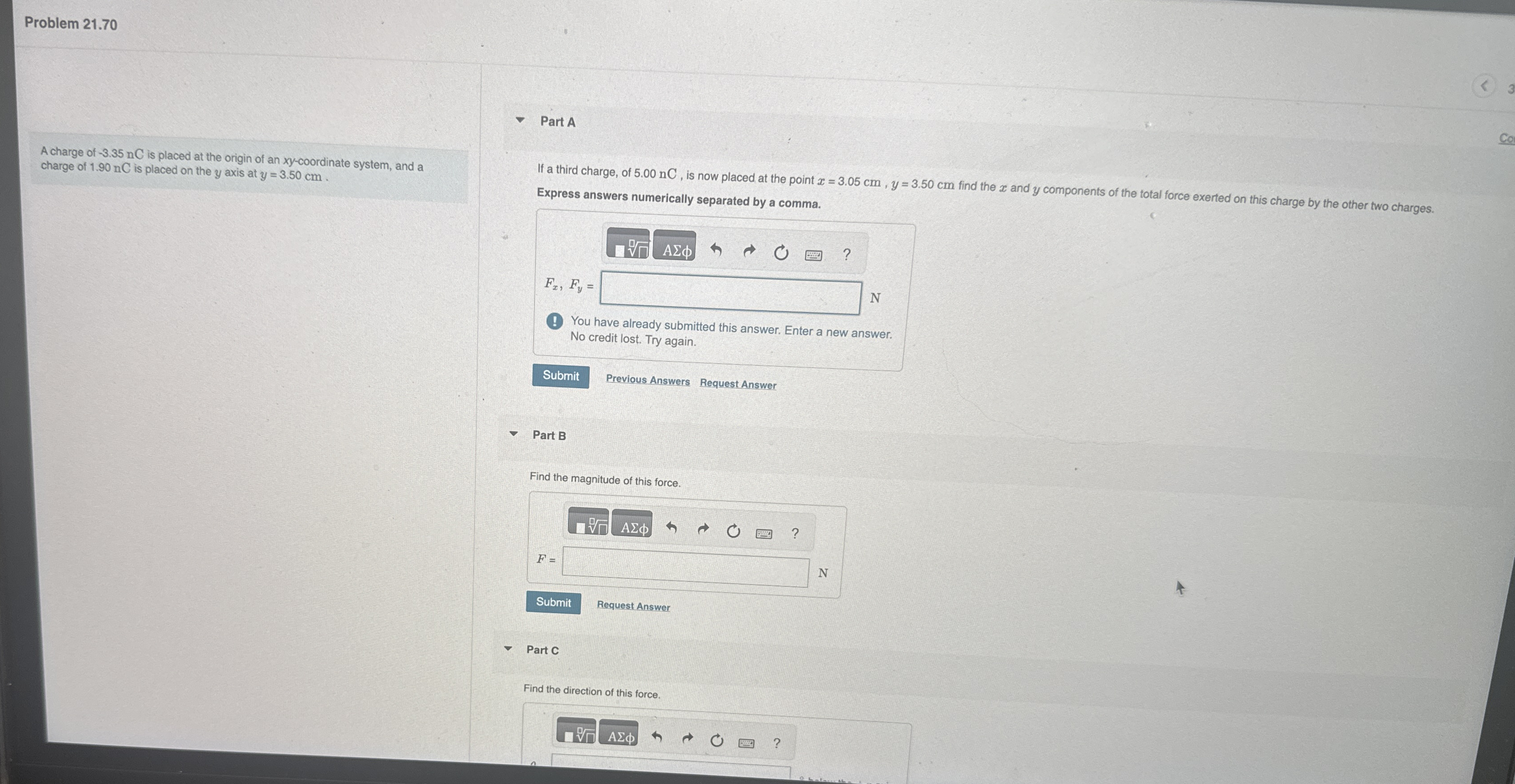 Solved Problem 21.70Part AA charge of -3.35 ﻿nC is placed at | Chegg.com