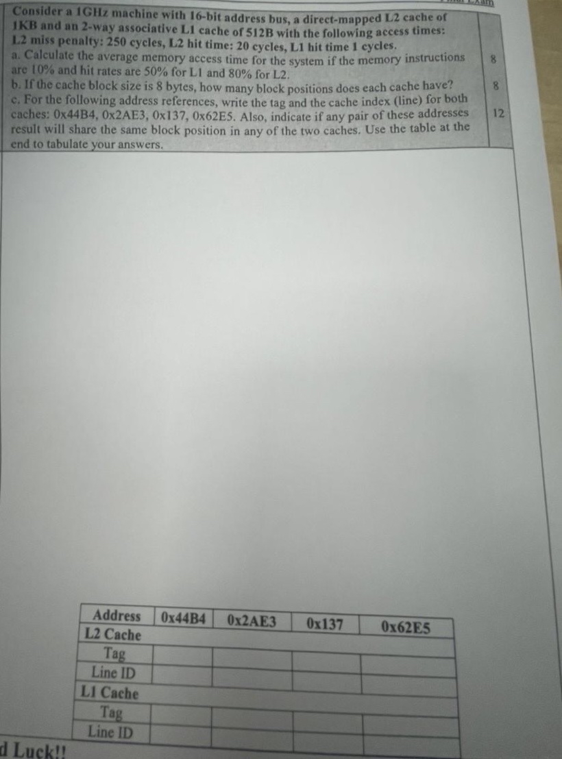 Solved Consider a 1GHz ﻿machine with 16 -bit address bus, a | Chegg.com