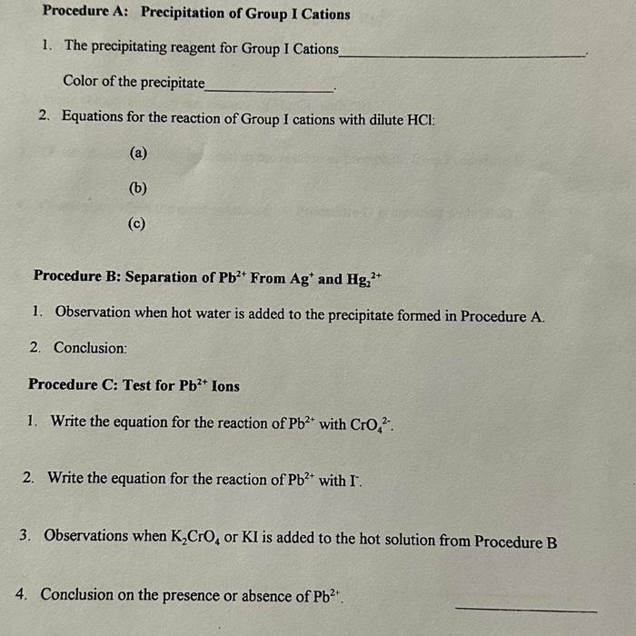 Solved Procedure A: Precipitation of Group I Cations 1. The | Chegg.com