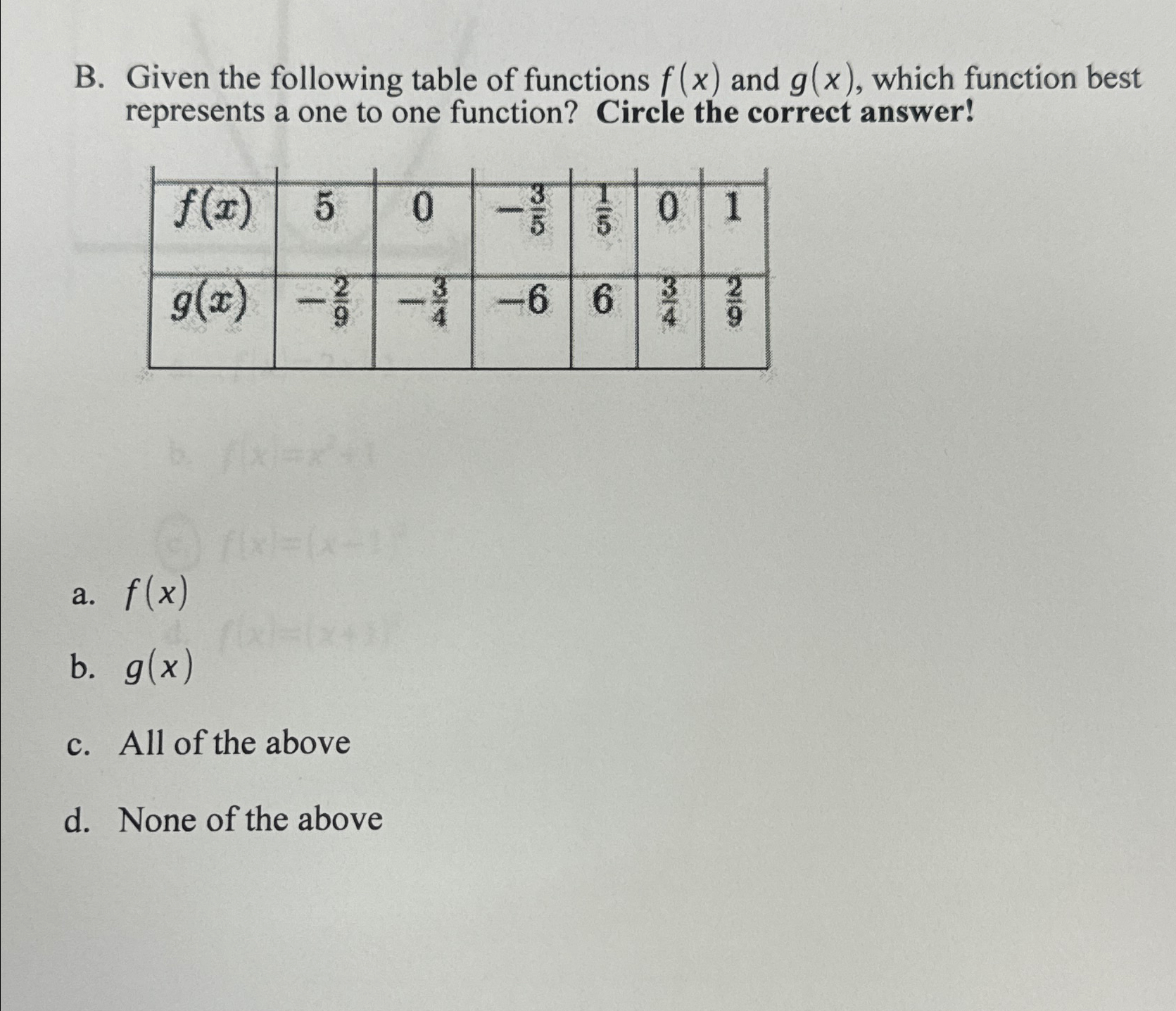 Solved B. ﻿Given the following table of functions f(x) ﻿and | Chegg.com