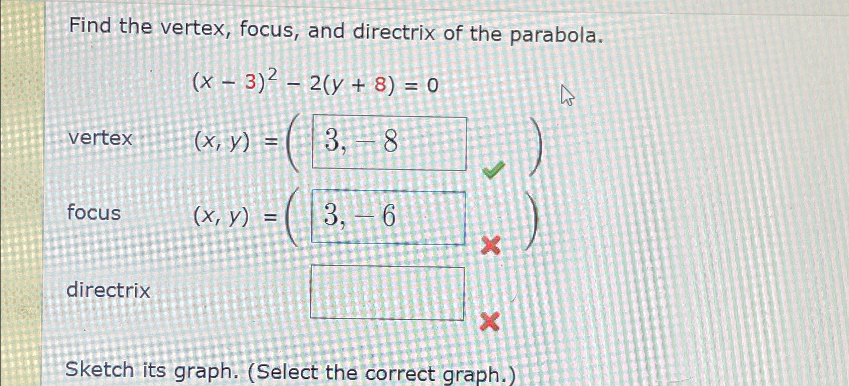 Solved Find the vertex, focus, and directrix of the | Chegg.com