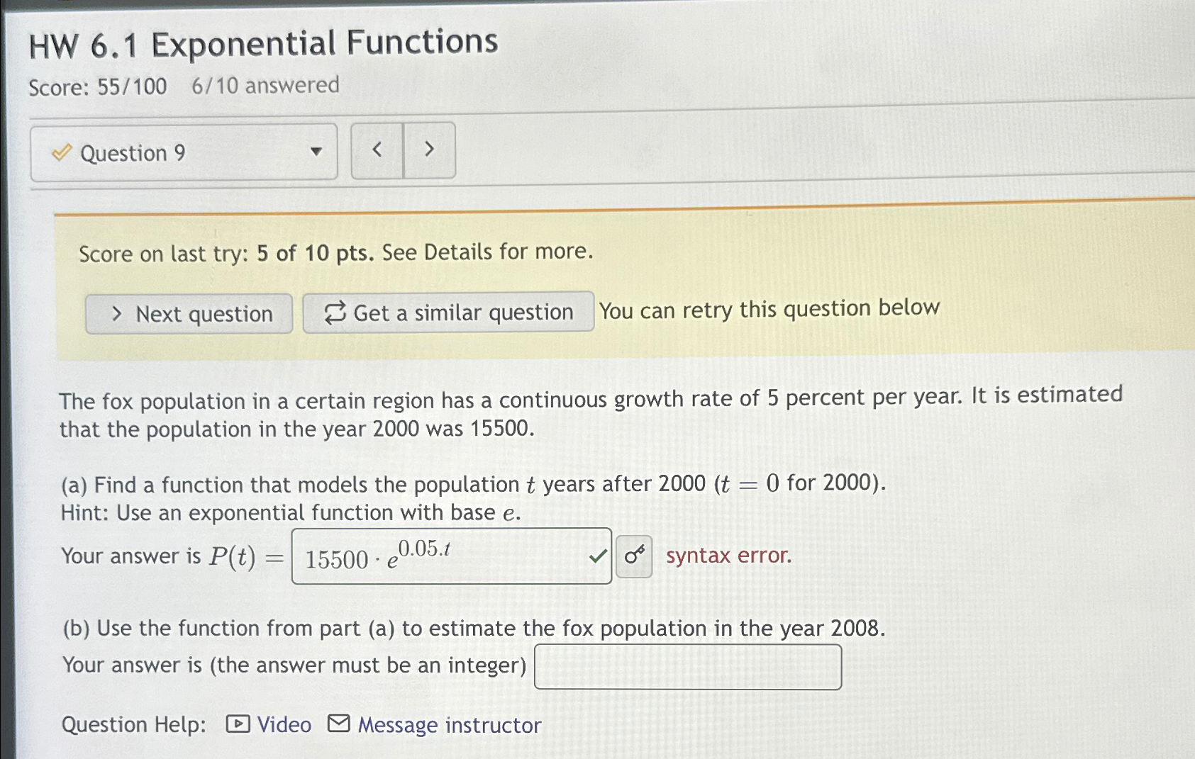 Solved HW 6.1 ﻿Exponential FunctionsScore: 55100610 | Chegg.com
