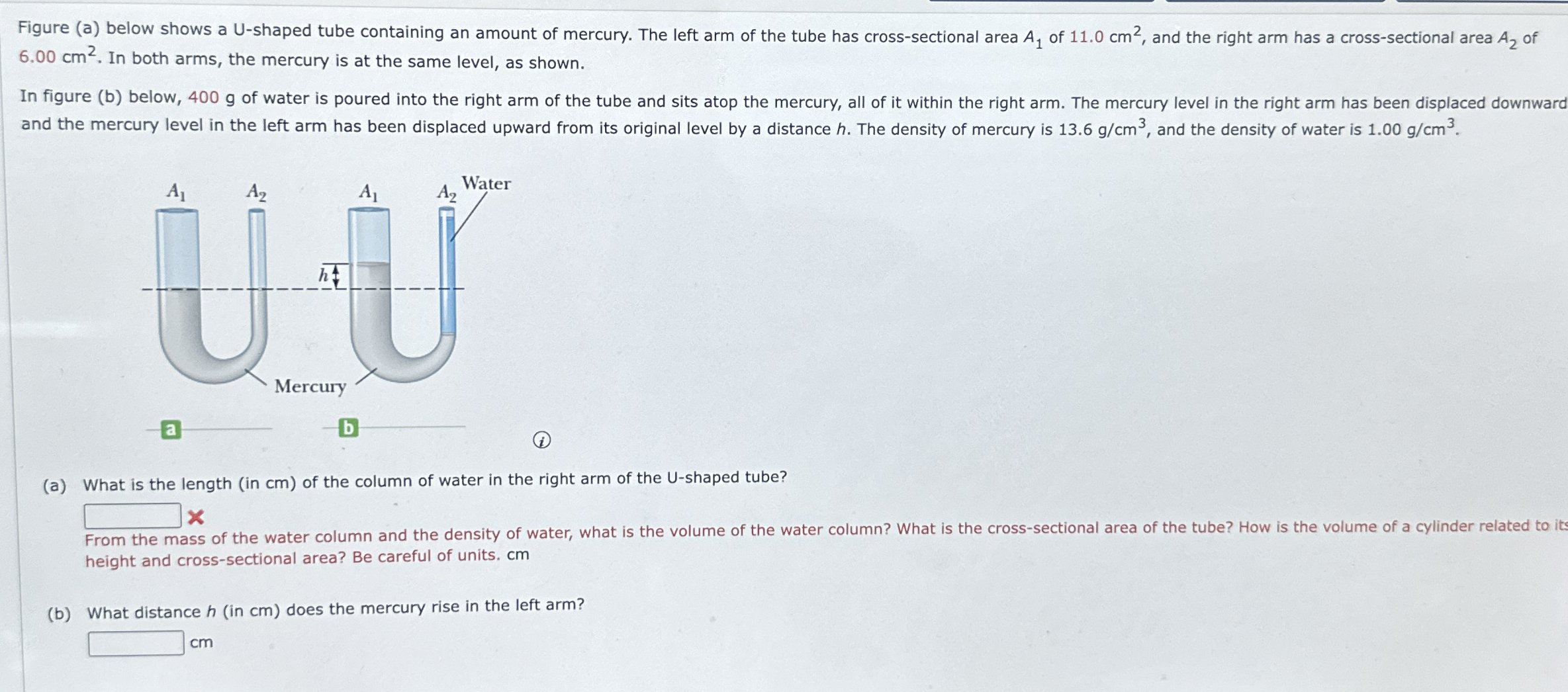 Solved Figure (a) ﻿below shows a U-shaped tube containing an | Chegg.com
