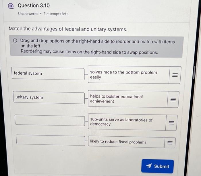 Match the advantages of federal and unitary systems. | Chegg.com