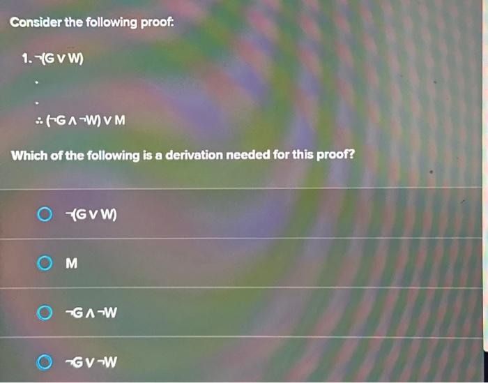 Consider the following proof: 1. \\( \\neg(G \\vee W) | Chegg.com