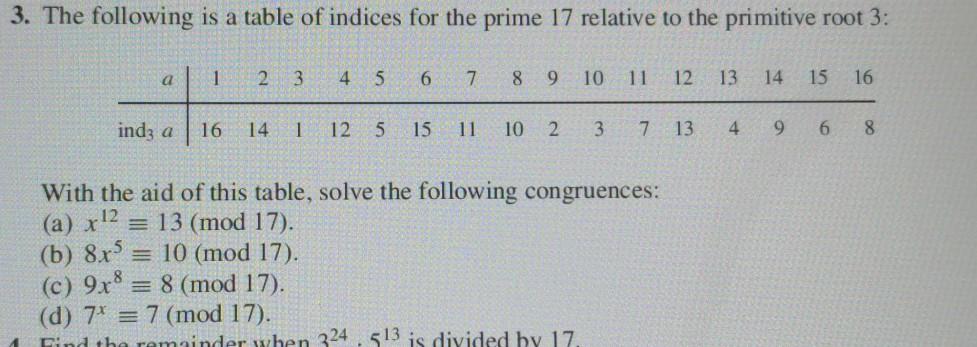 Solved 3. The following is a table of indices for the prime | Chegg.com