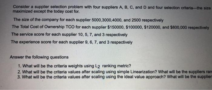 Solved Consider a supplier selection problem with four | Chegg.com