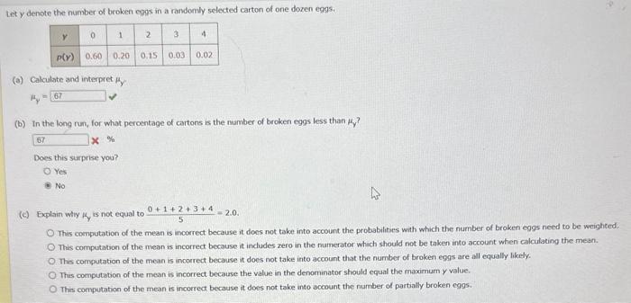 Solved Let y denote the number of broken eggs in a randomly | Chegg.com