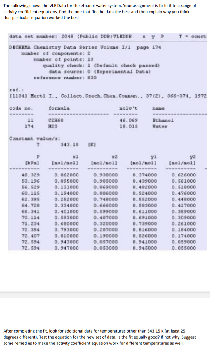 Solved The following shows the VLE Data for the ethanol | Chegg.com