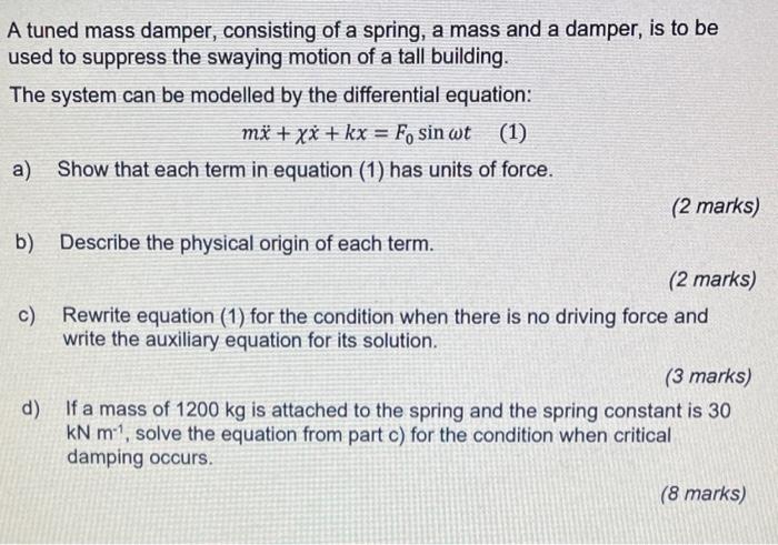 Solved A tuned mass damper, consisting of a spring, a mass | Chegg.com