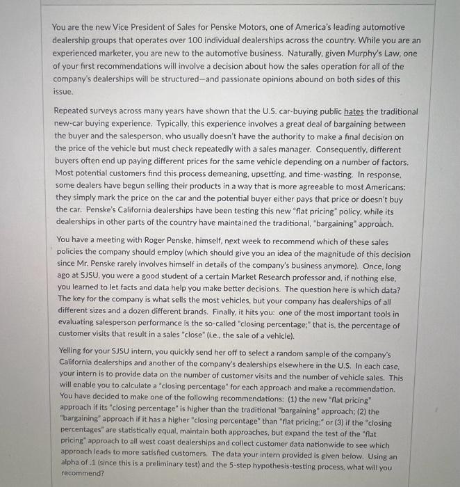 Solved You are the new Vice President of Sales for Penske | Chegg.com