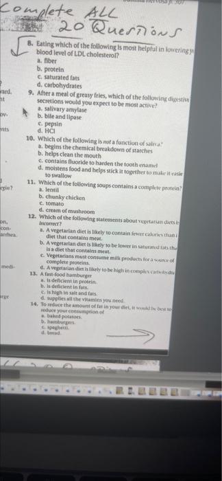 Solved Complete ALL 20 Questions ard. ht DV. 8. Eating which | Chegg.com