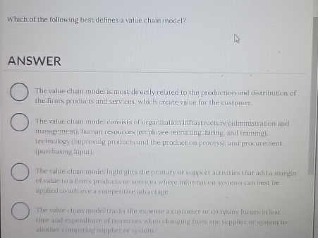 Solved Which of the following best defines a value chain | Chegg.com