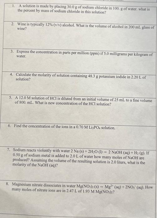 Solved 1. A solution is made by placing 30.0 g of sodium | Chegg.com