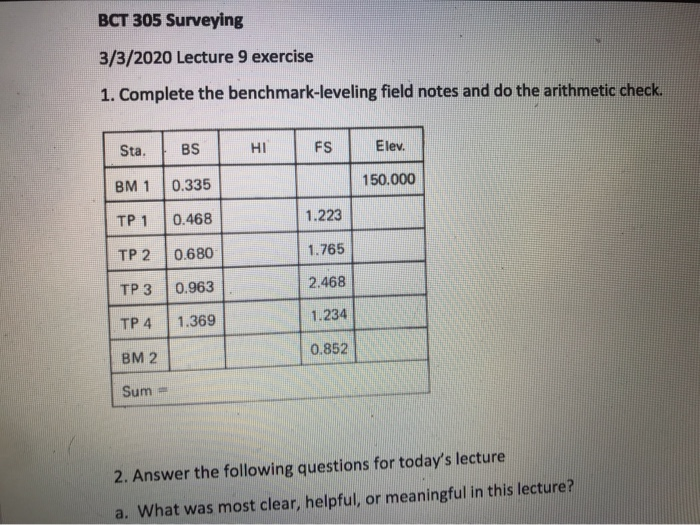 Solved BCT 305 Surveying 3/3/2020 Lecture 9 exercise 1. | Chegg.com