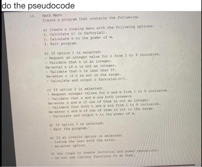 Solved do the pseudocode 10. Math Menu Create a program that | Chegg.com