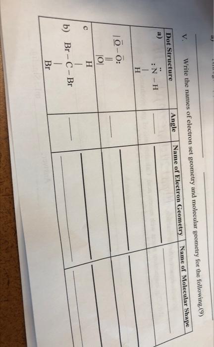 Solved V. Write the names of electron set geometry and | Chegg.com